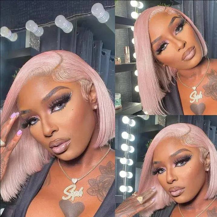 Light Pink Straight Short Bob Transparent Lace Frontal Wig – BU HAIR